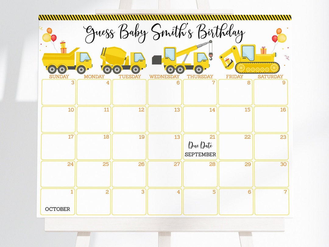 Editable Construction Truck Baby Due Date Calendar Game Construction ...