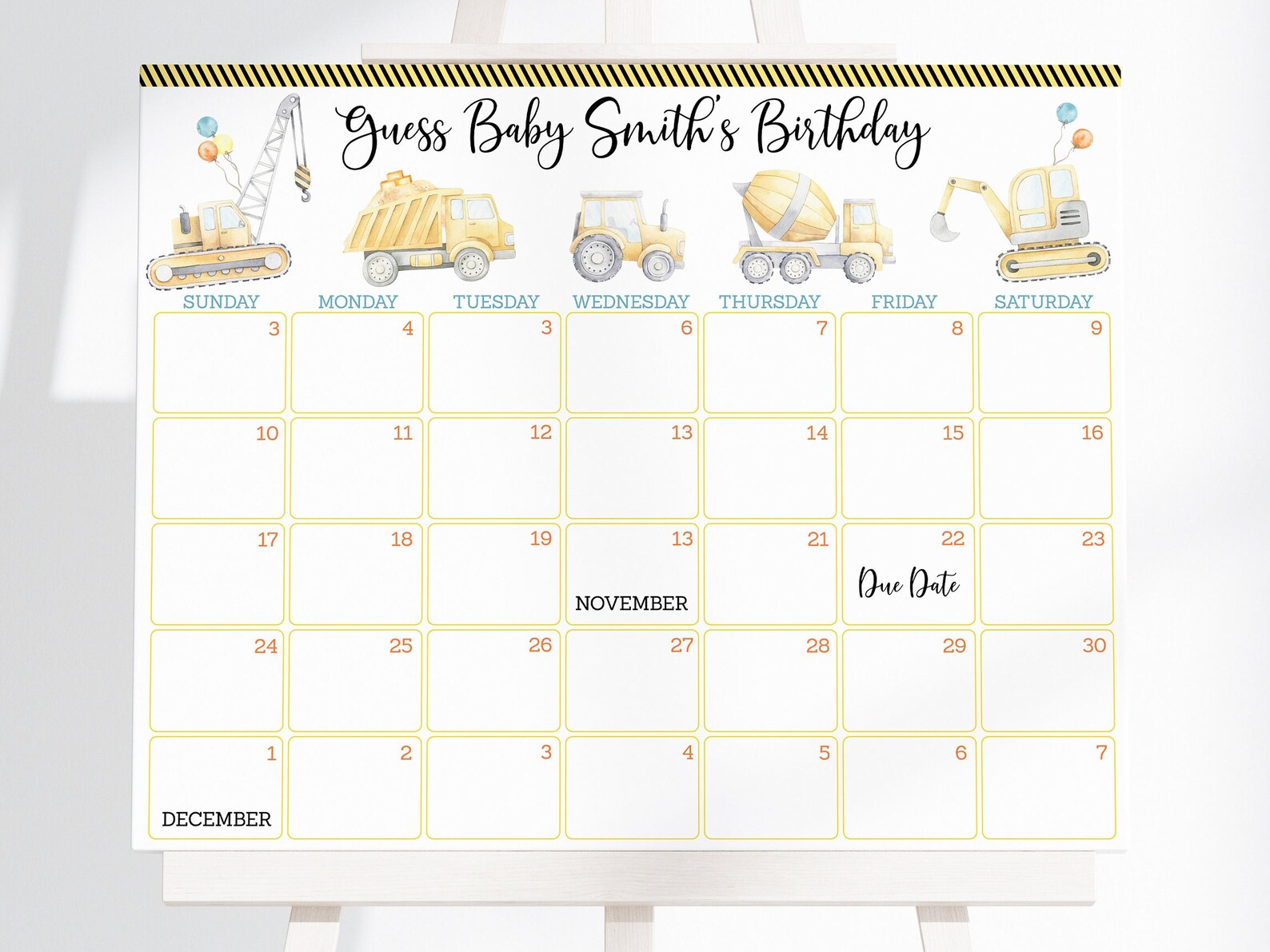 Editable Construction Truck Baby Due Date Calendar Game Construction ...