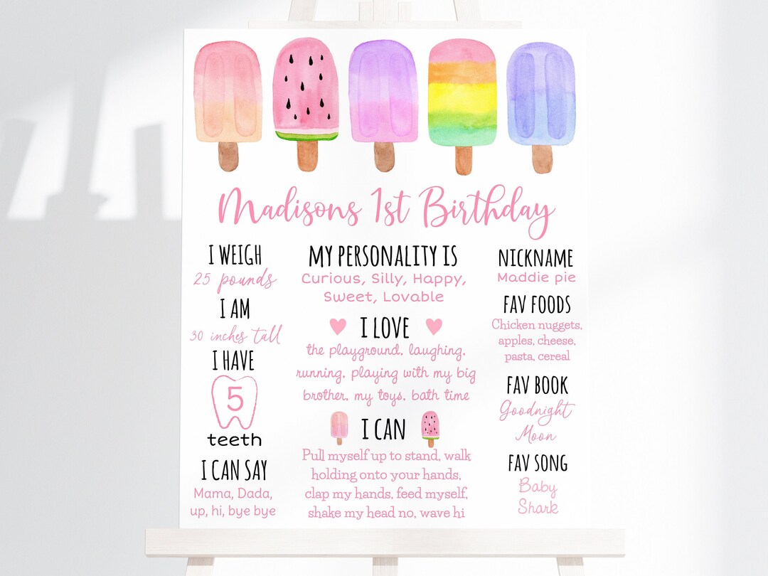 Editable Popsicle Birthday Milestone Sign First Birthday Girl Popsicle ...