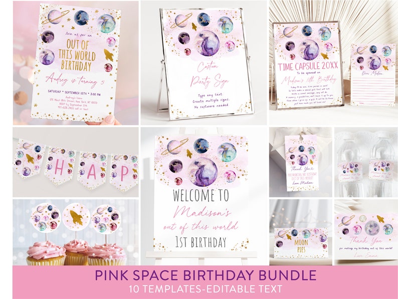 Editable Outer Space Birthday Invitation Bundle Pink Gold Girl - Etsy