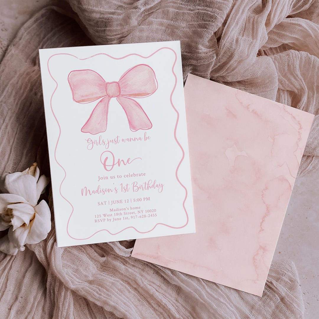 Editable Girls Just Wanna Be One Pink Bow 1st Birthday Invitation ...