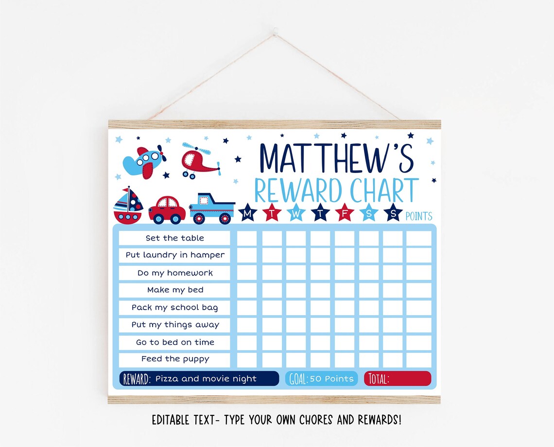 EDITABLE Vehicle Reward Chart Car Truck Airplane Chore Chart - Etsy