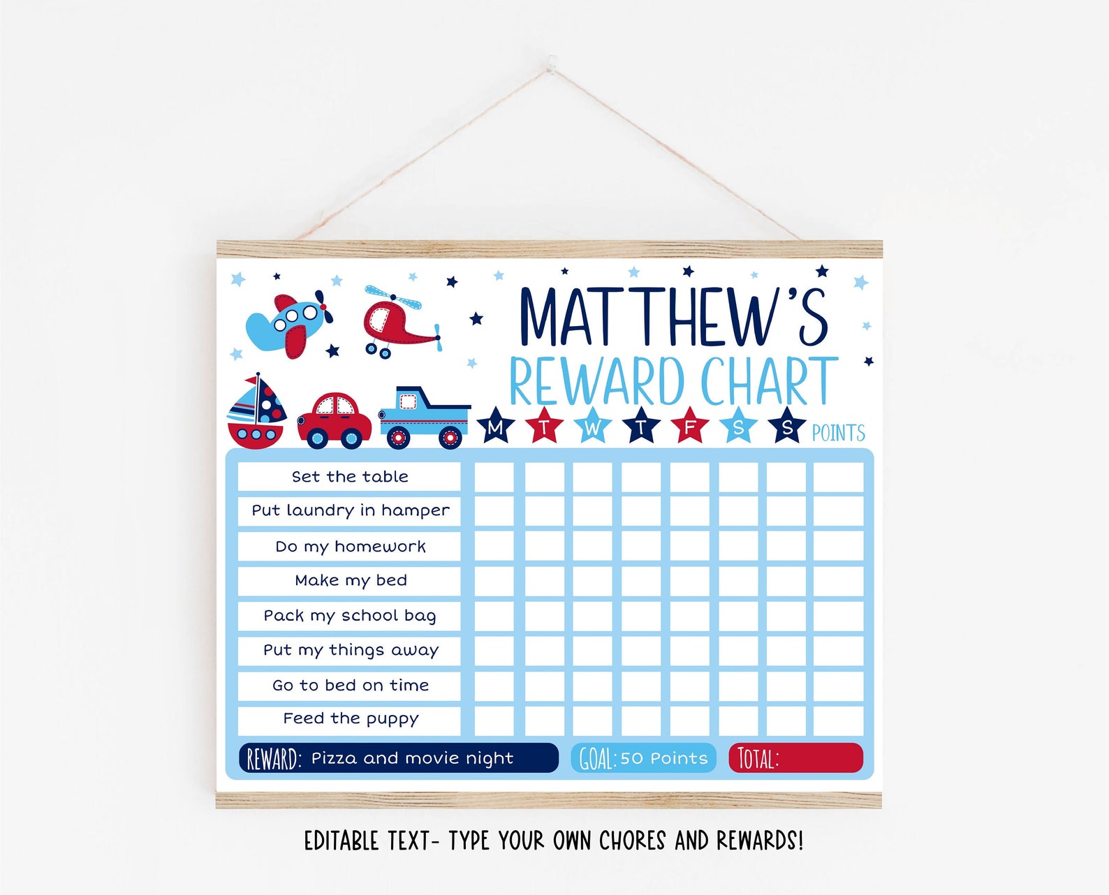 EDITABLE Vehicle Reward Chart, Car Truck Airplane Chore Chart Behavior ...