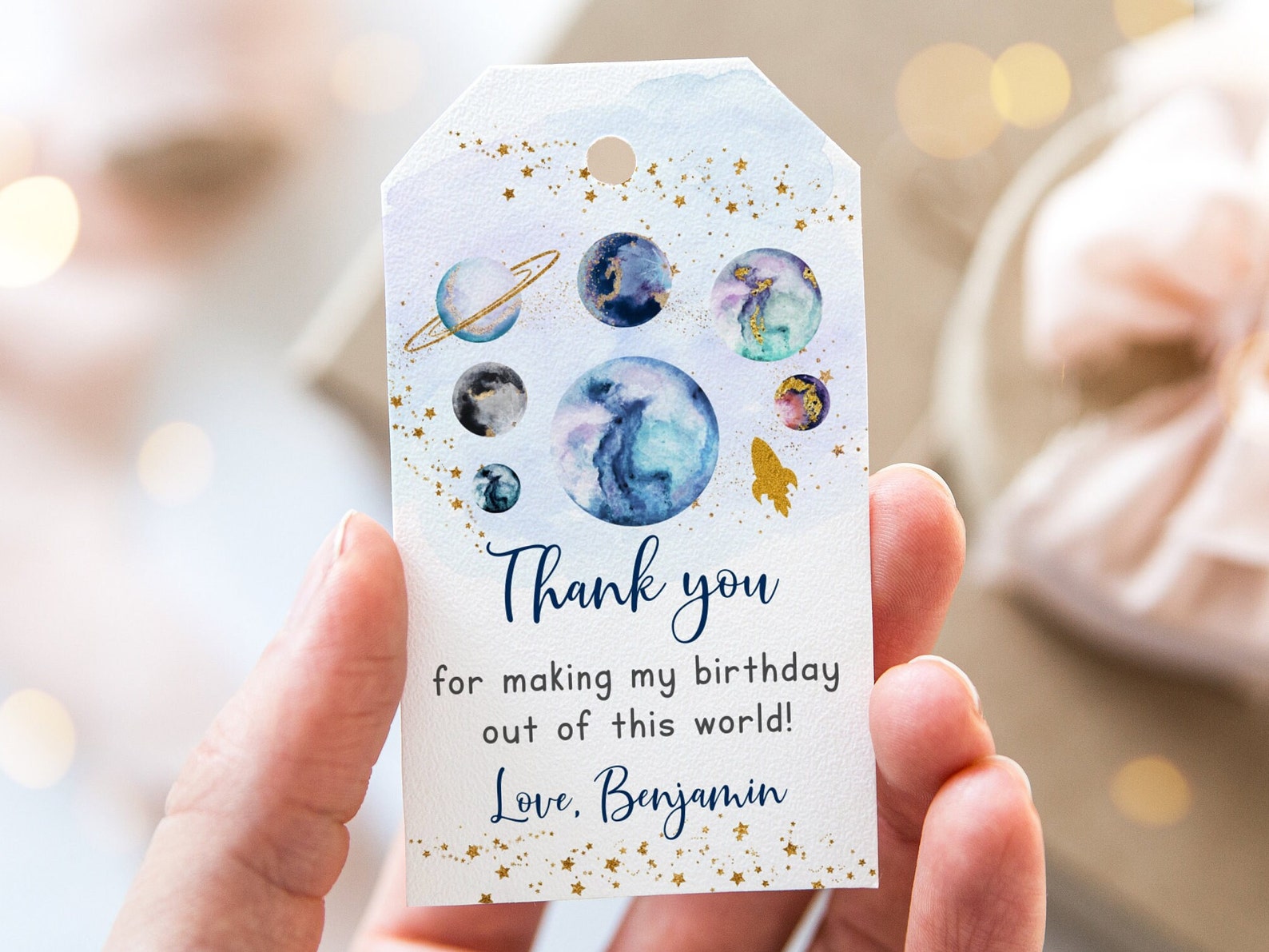 Editable Space Birthday Thank You Tags Favor Tags Gold Galaxy Planets ...