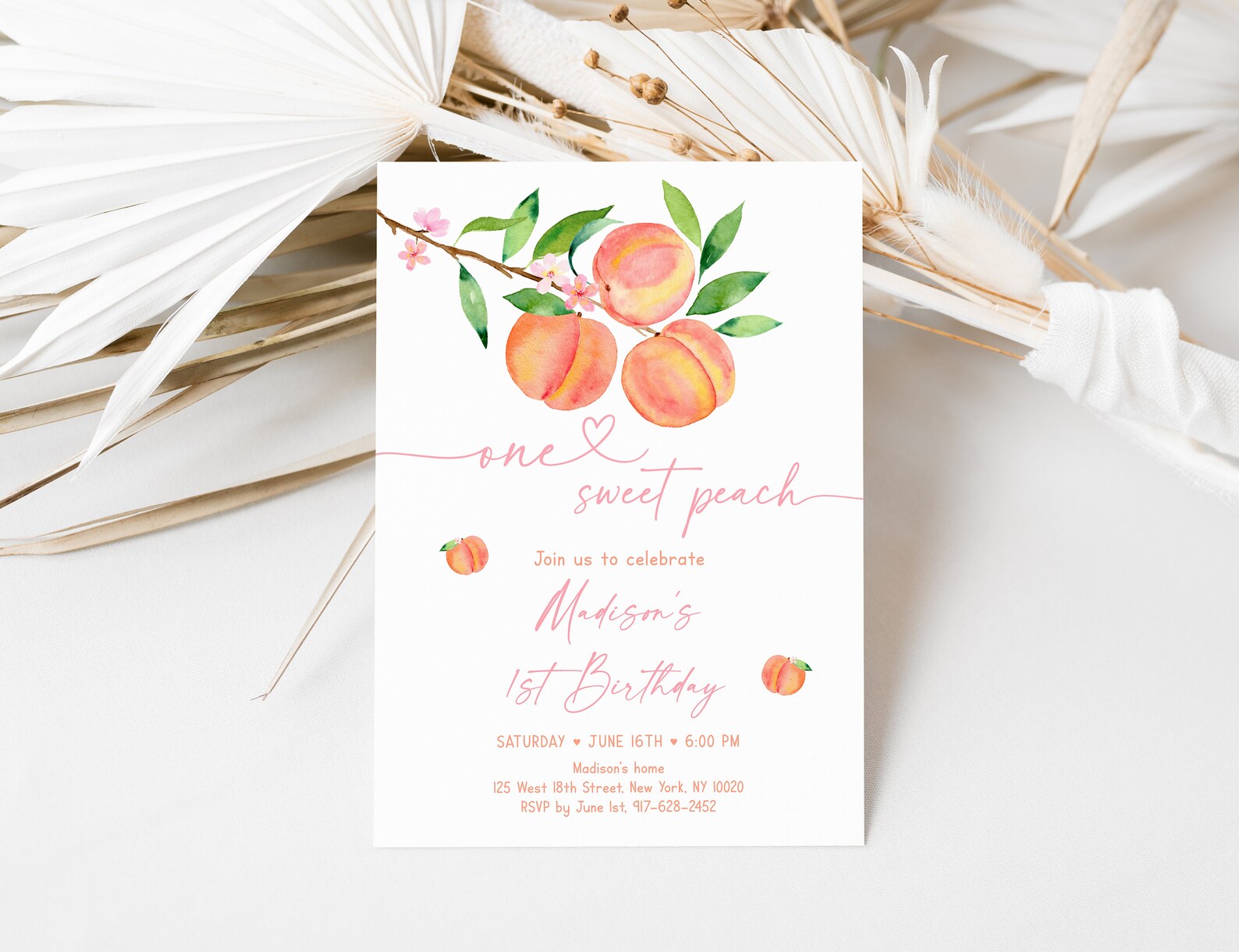 Editable One Sweet Peach Birthday Invitation Peach Blossom Birthday ...