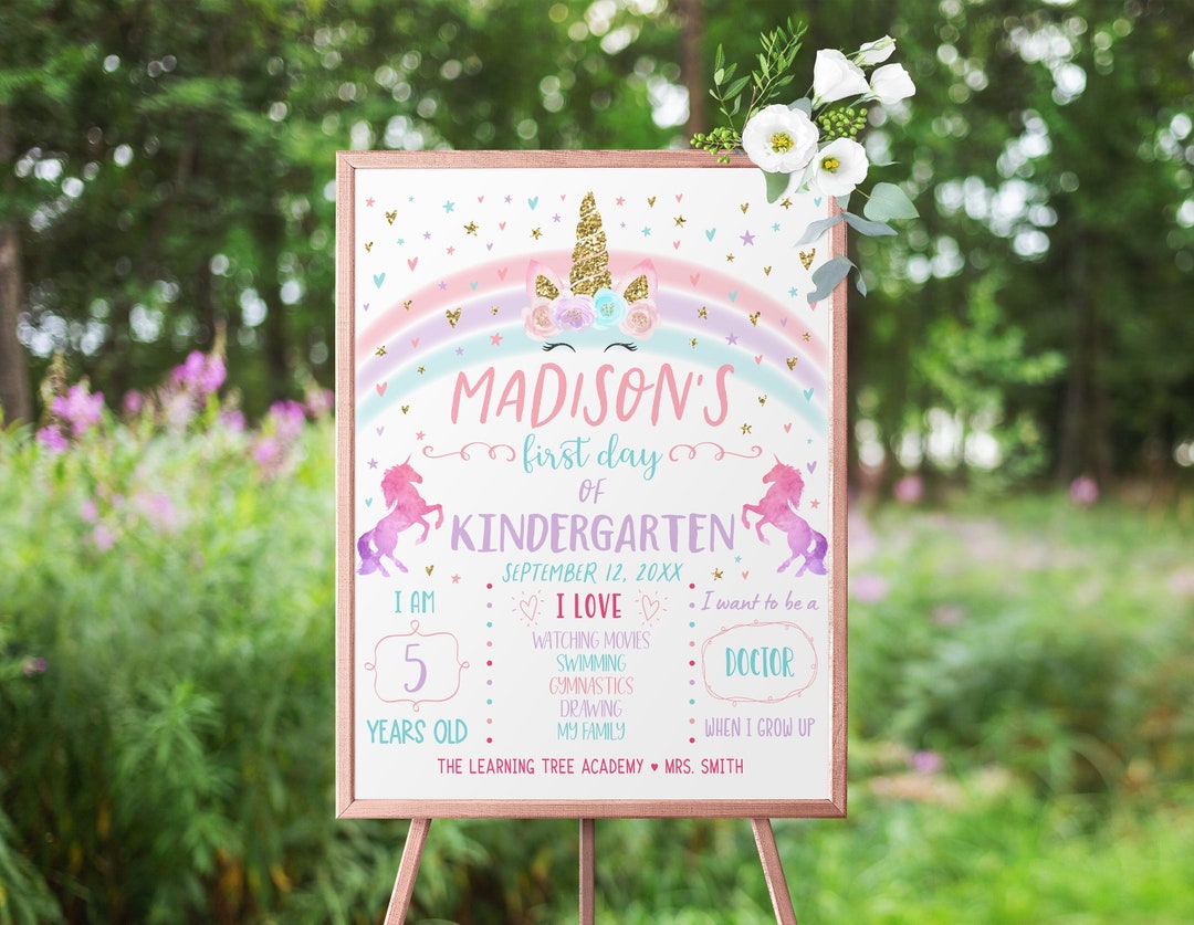 Editable Unicorn First Day of Kindergarten Sign First Day of School ...