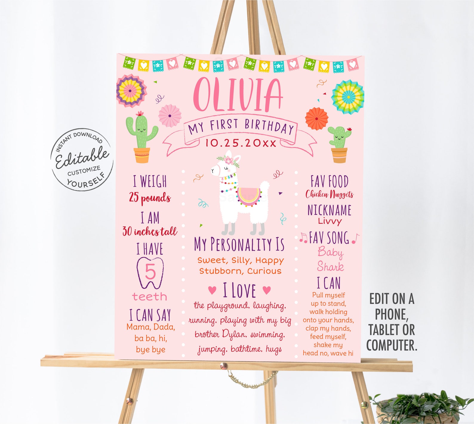 EDITABLE Llama Birthday Milestone Poster Llama First | Etsy