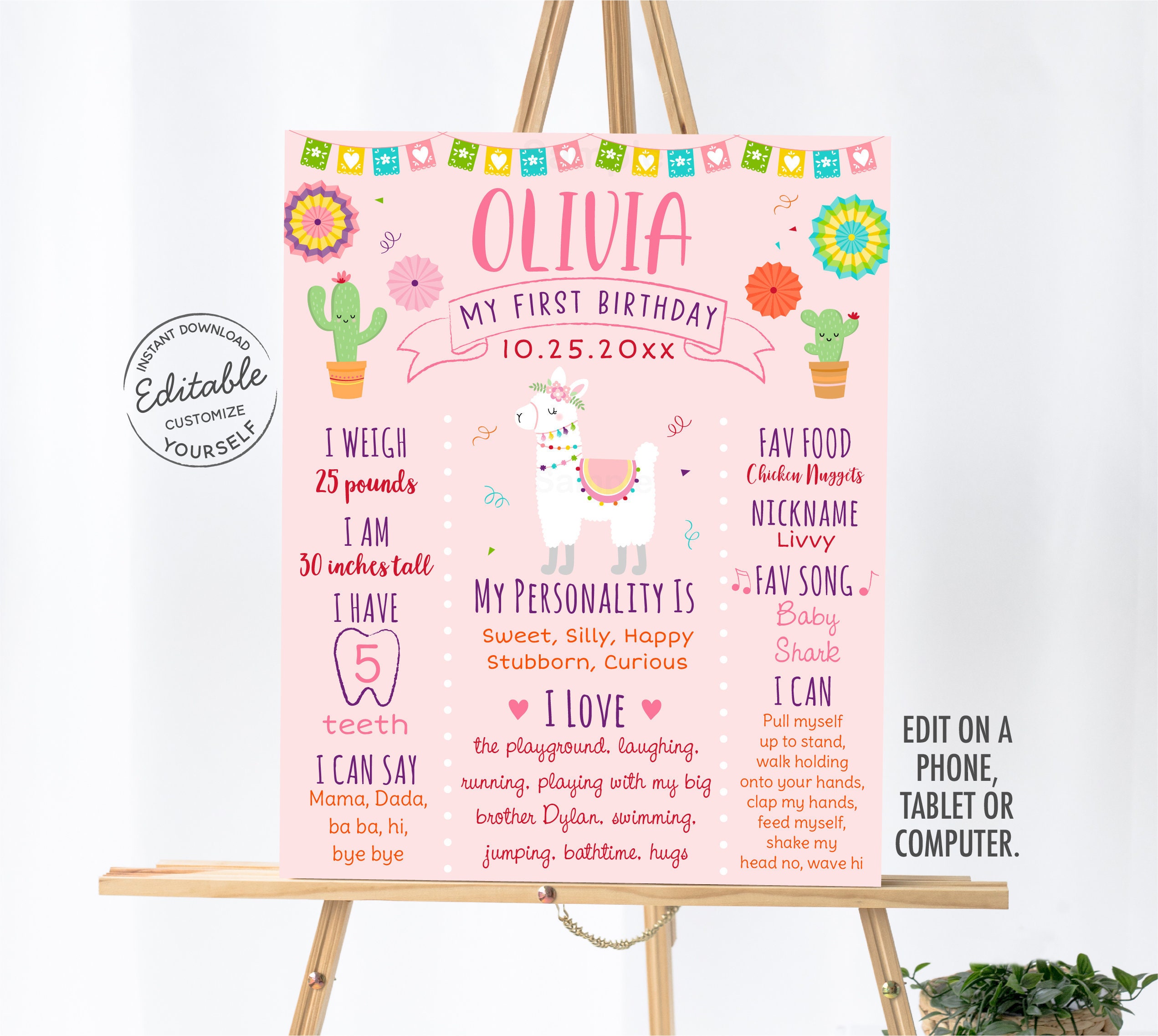 EDITABLE Llama Birthday Milestone Poster Llama First - Etsy