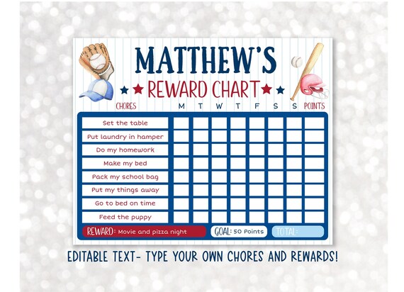 EDITABLE Baseball Reward Chart Boys Reward Chart Baseball - Etsy
