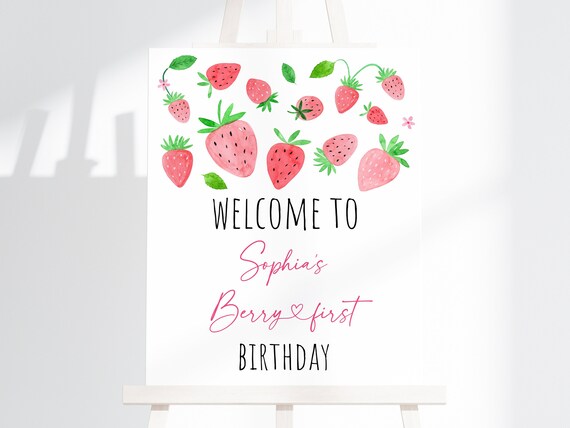 Editable Strawberry Birthday Welcome Sign Strawberry Party Berry Sweet ...