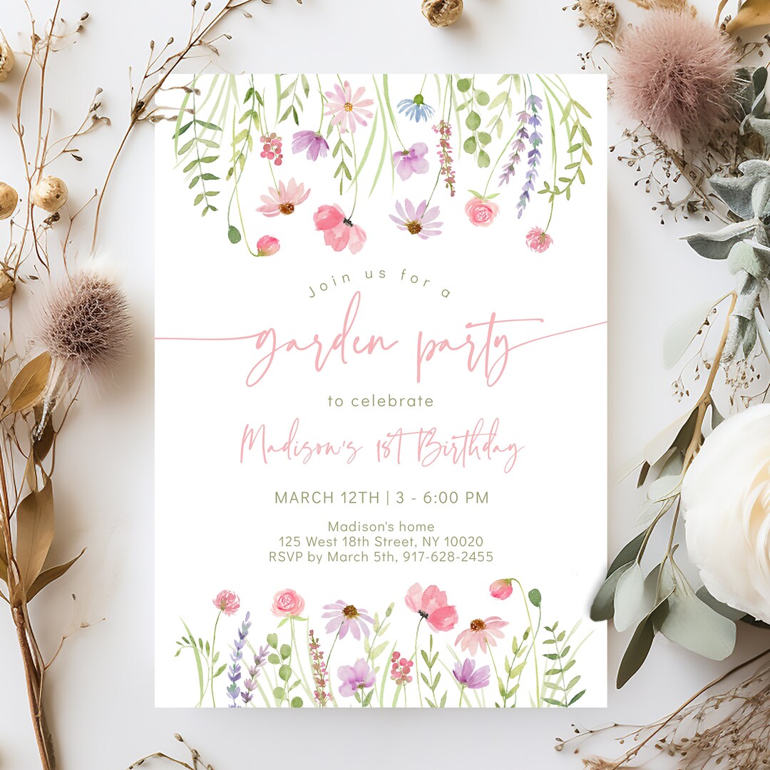 Editable Wildflower 1st Birthday Invitation, Garden Birthday Invite ...