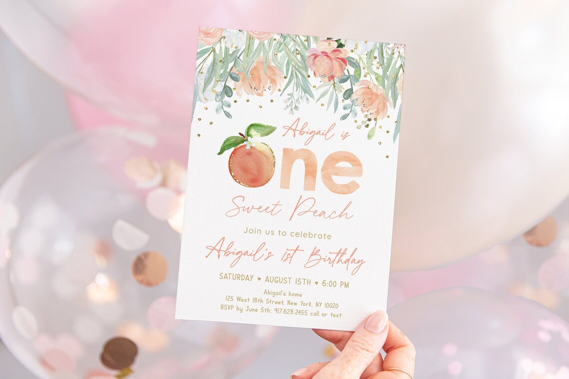 Editable Peach Birthday Invitation One Sweet Peach First Birthday ...