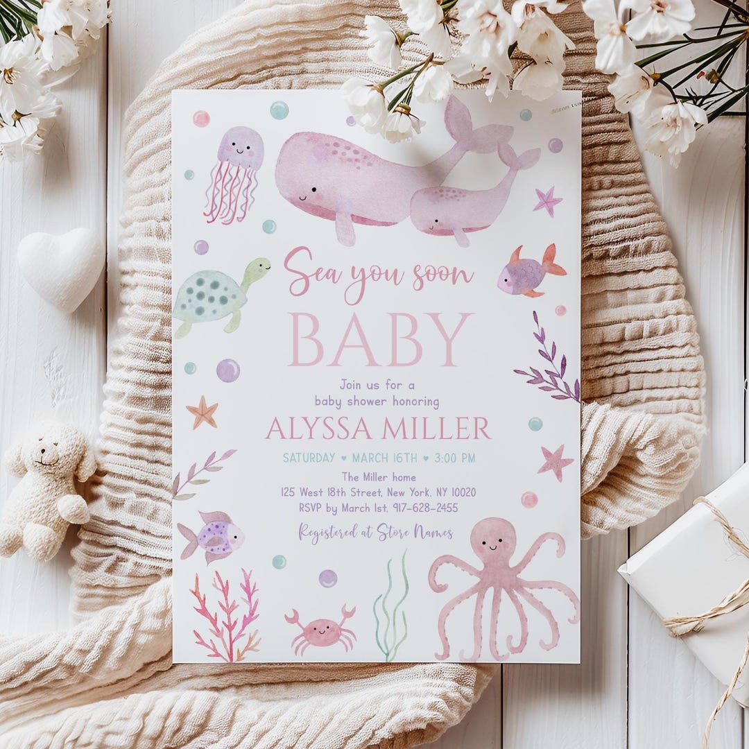 Sea You Soon Baby Shower Invitation, Pink Girl Pastel Under the Sea ...