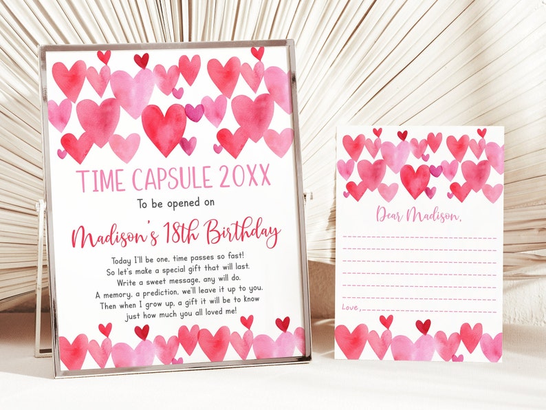 Editable Little Sweetheart Birthday Time Capsule Pink Red Hearts ...