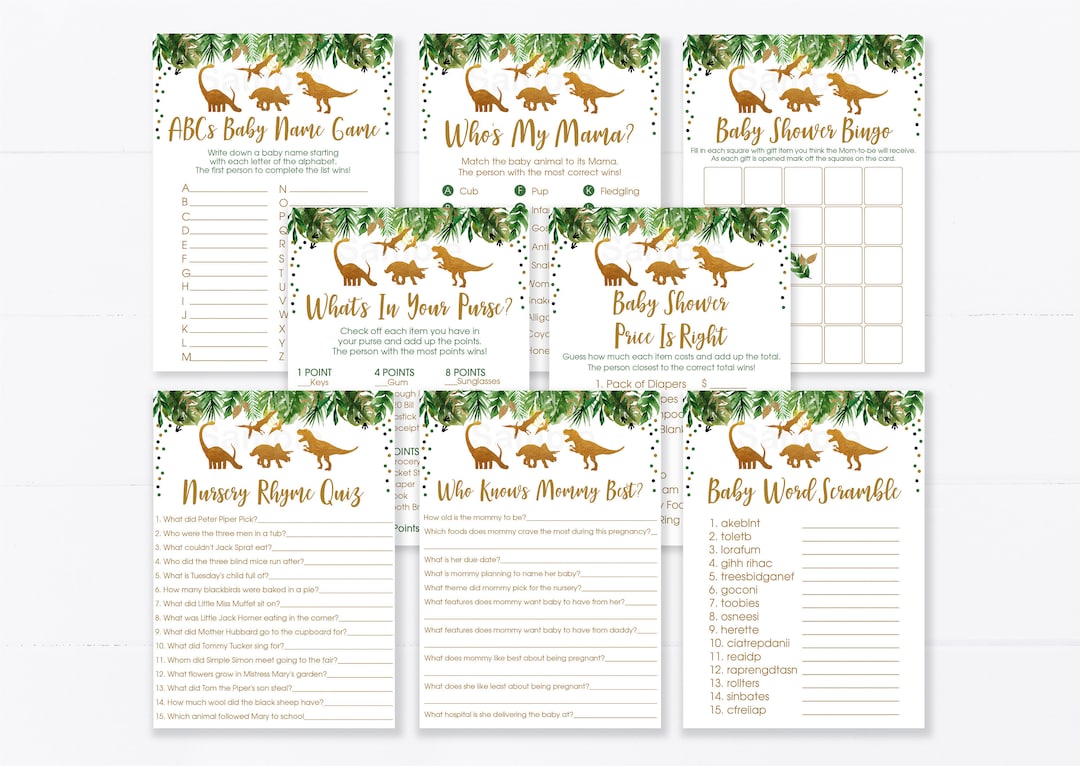 Dinosaur Baby Shower Games Package, Gold Dinosaur Baby Shower Games ...