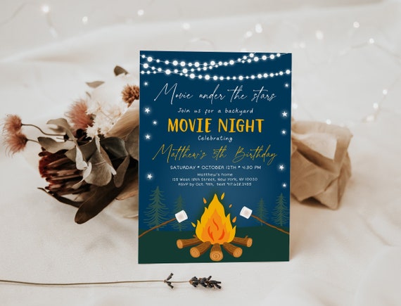 Editable Backyard Movie Night Birthday Invitation, Camping, Bonfire, Campfire, S'mores ...