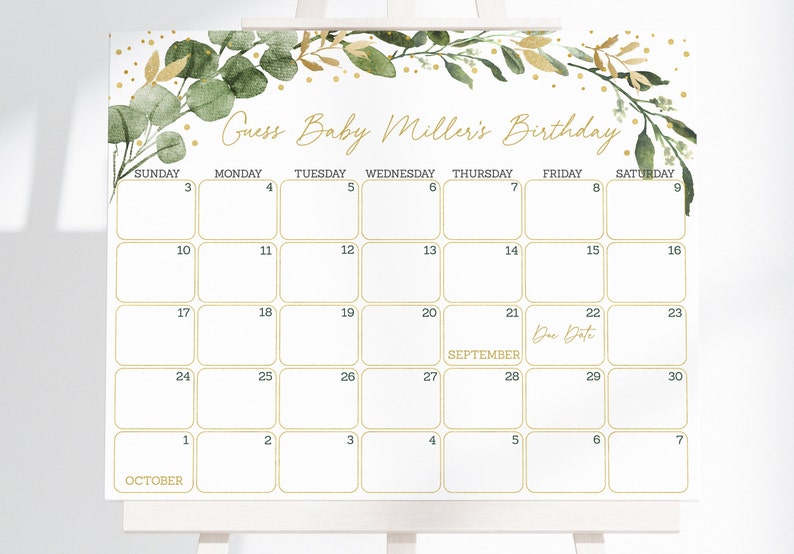 Editable Greenery Gold Baby Due Date Calendar Game Eucalyptus - Etsy