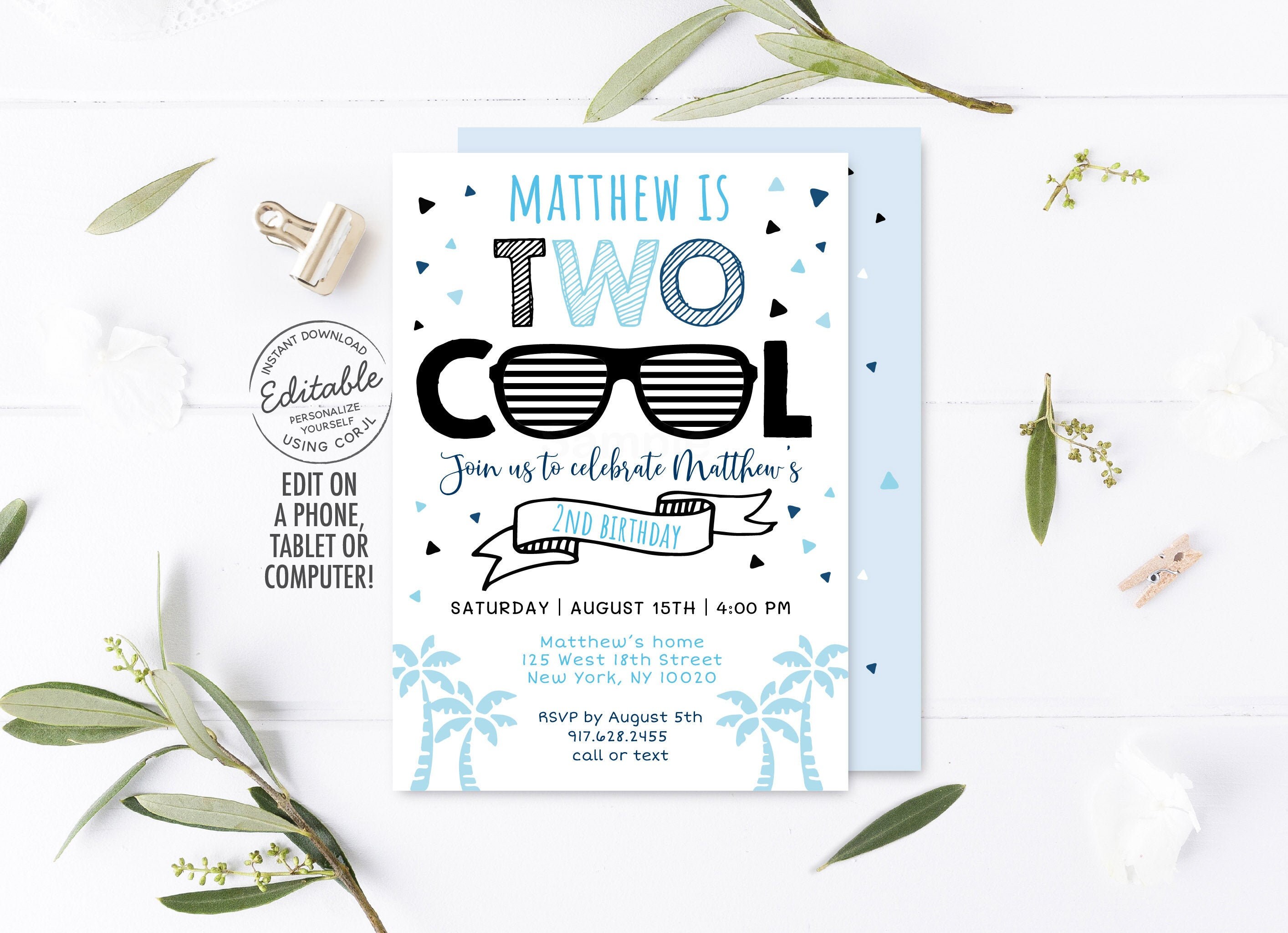 EDITABLE Two Cool Birthday Invitation Two Cool Party Sunglasses Palm ...