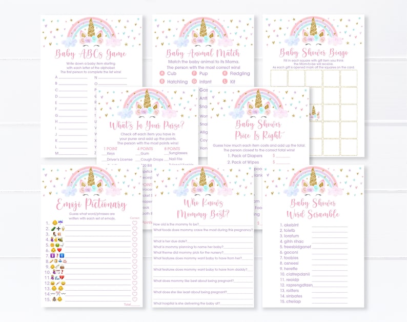 Unicorn Baby Shower Games Package Rainbow Unicorn Pink Gold Floral ...
