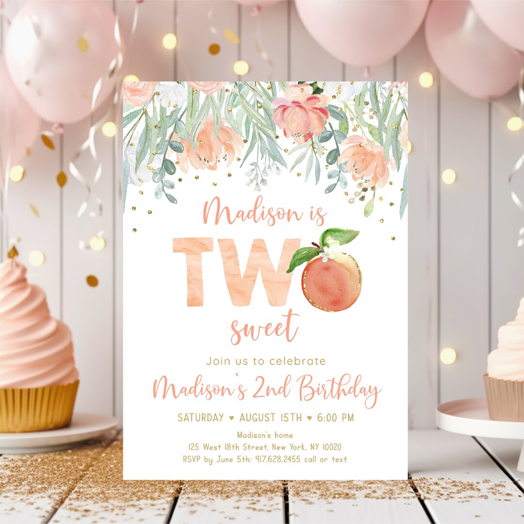 Editable Peach Birthday Invitation Two Sweet Peach Second Birthday ...