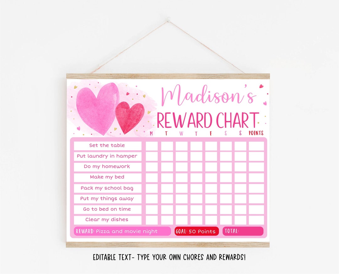 Editable Hearts Reward Chart, Hearts Behavior Chart, Pink Gold Hearts ...