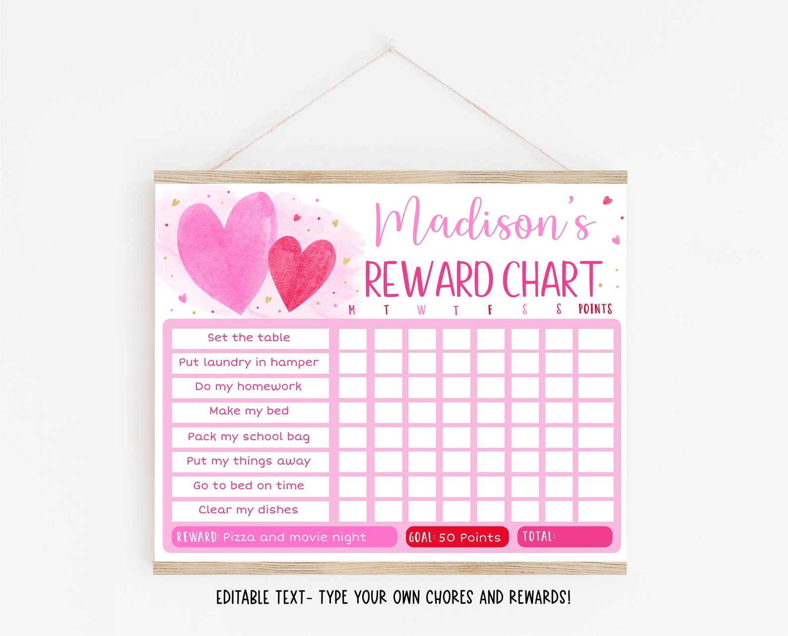 Editable Hearts Reward Chart Hearts Behavior Chart Pink Gold - Etsy