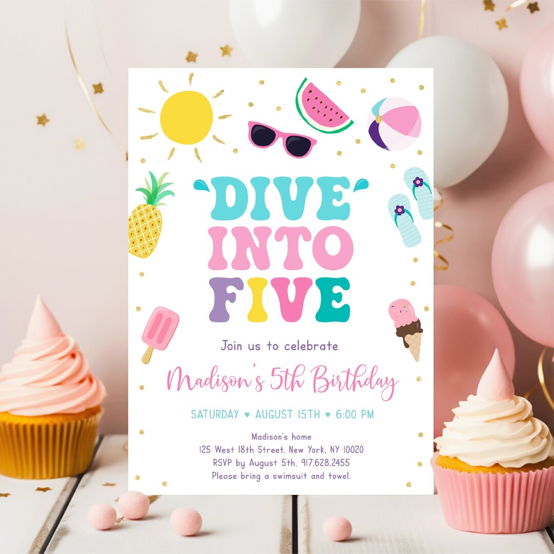 Editable Pool Party 5th Birthday Invitation, Dive Into Five, Girl Pool ...