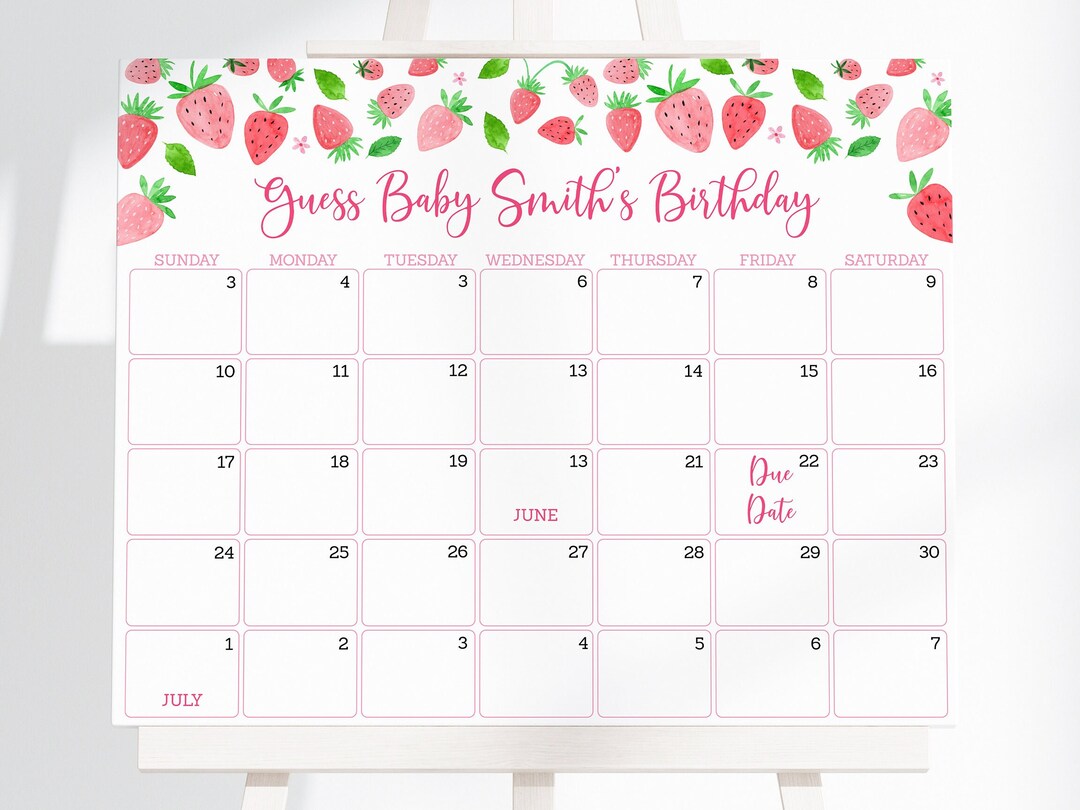 Editable Strawberry Baby Due Date Calendar Game Strawberry Baby Shower ...