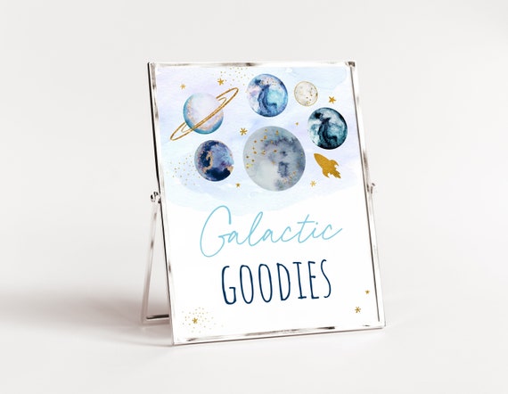 Space Galactic Goodies Birthday Sign Snack Sign Blue Gold Galaxy ...