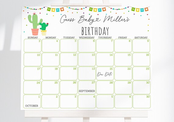 Editable Fiesta Baby Shower Due Date Calendar Cactus Succulent Coed ...
