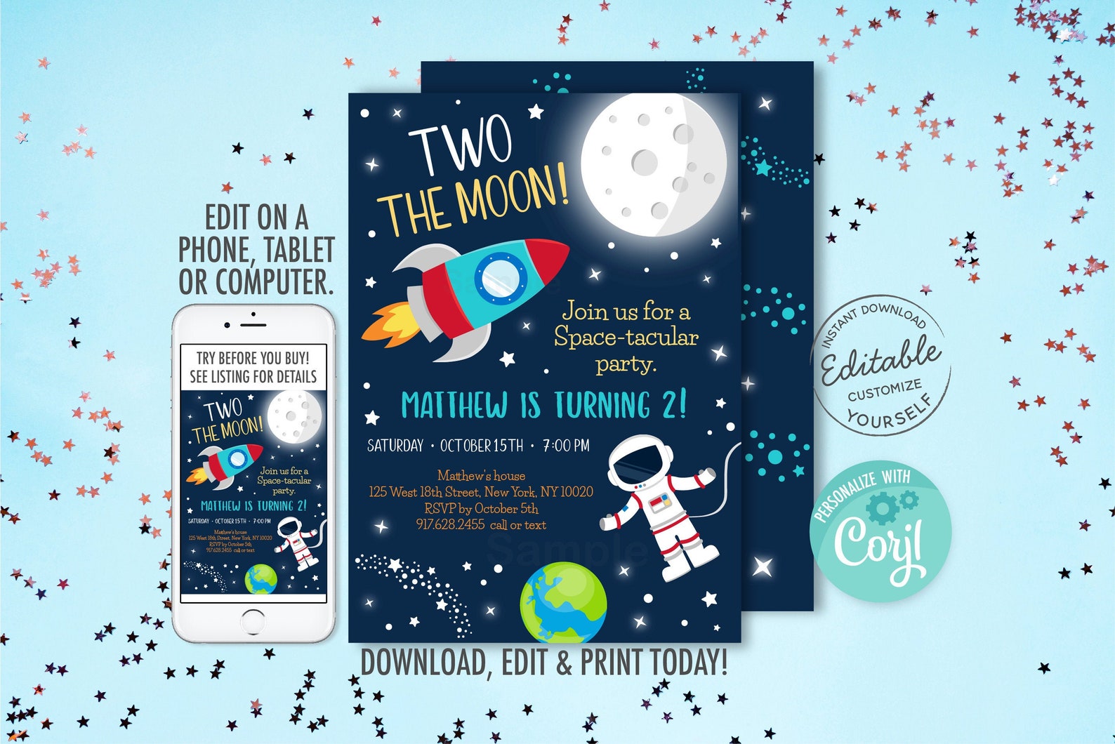 EDITABLE Two the Moon Space Birthday Invitation Astronaut - Etsy