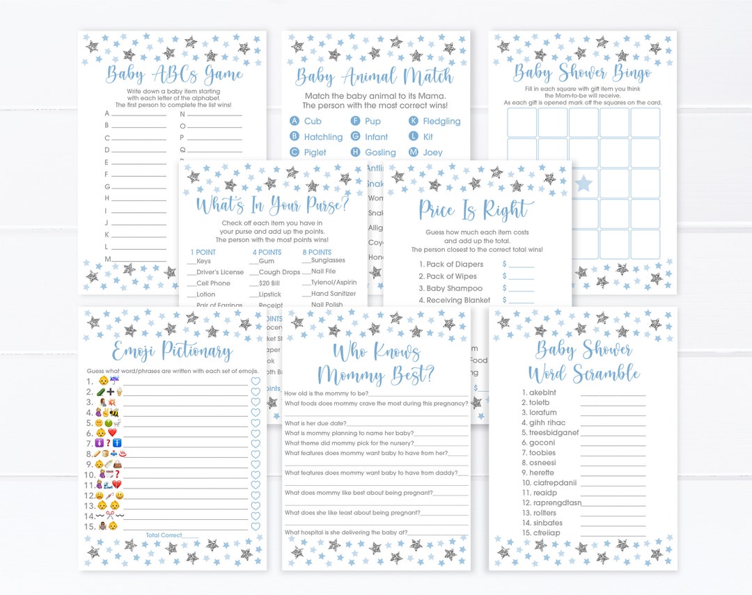 Twinkle Star Baby Shower Games Package Blue & Silver Boy Baby Shower ...