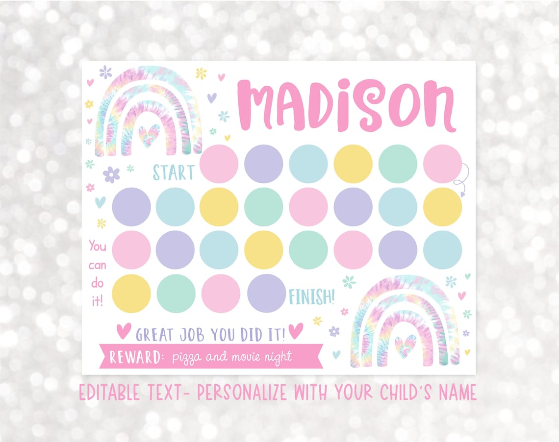 Editable Girls Reward Chart Sticker Chart Tie Dye Pastel | Etsy