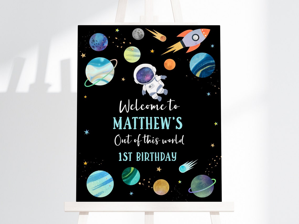 Editable Space Birthday Welcome Sign Astronaut Galaxy Planets | Etsy