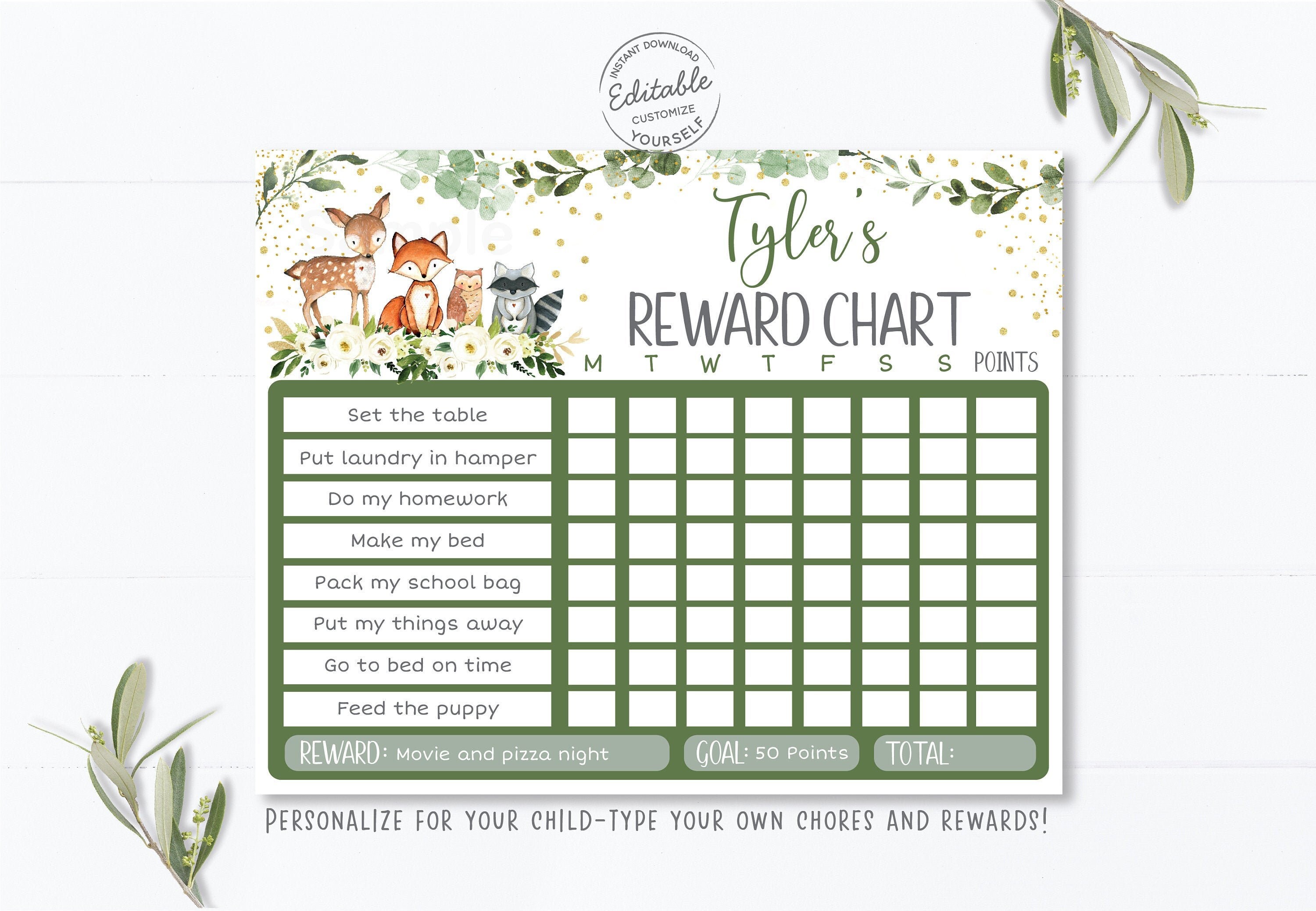 EDITABLE Woodland Reward Chart Woodland Behavior Chart | Etsy
