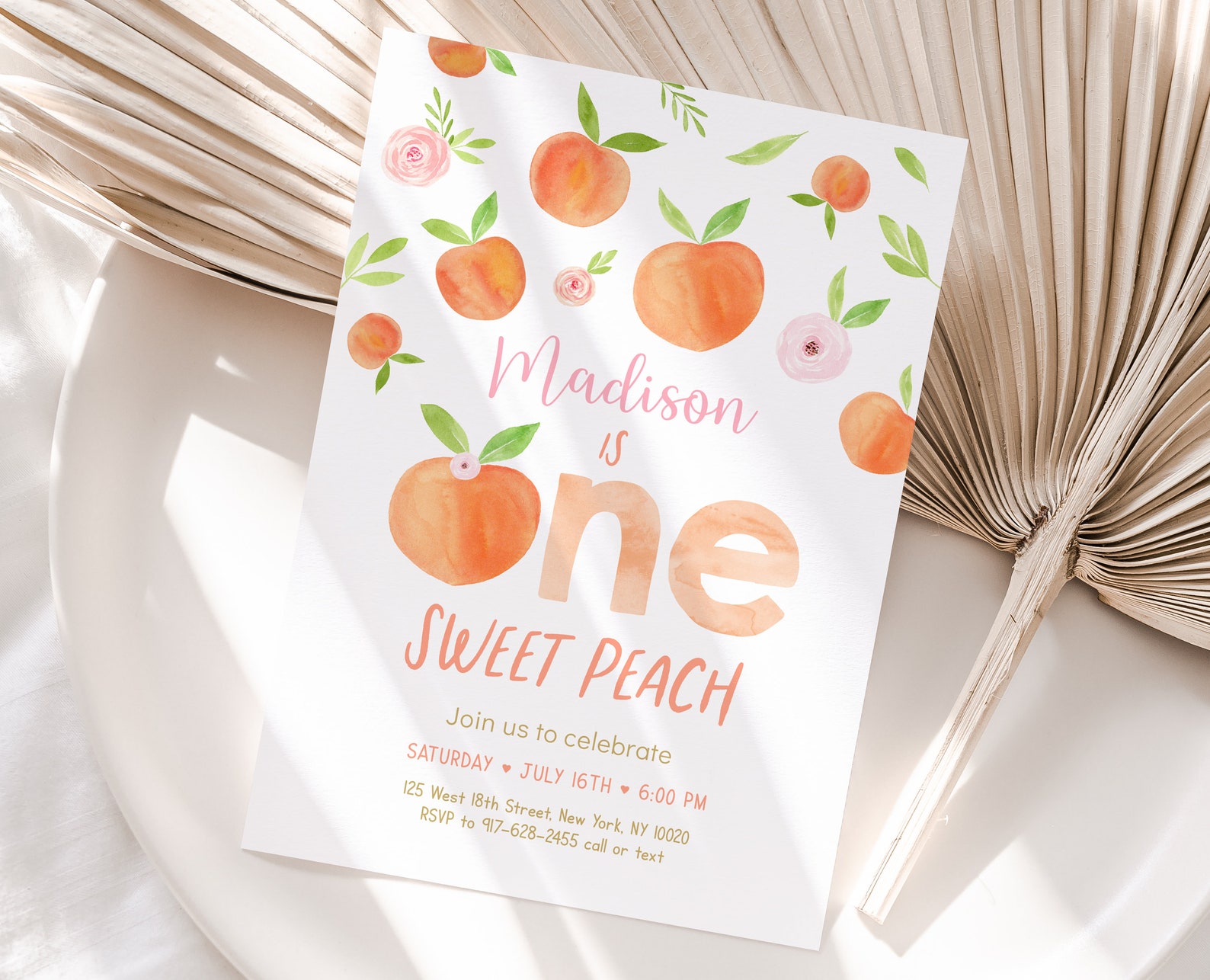 Editable Peach Birthday Invitation One Sweet Peach First - Etsy
