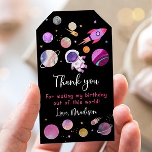 Editable Space Birthday Thank You Tags Favor Tags Pink Girl Astronaut ...