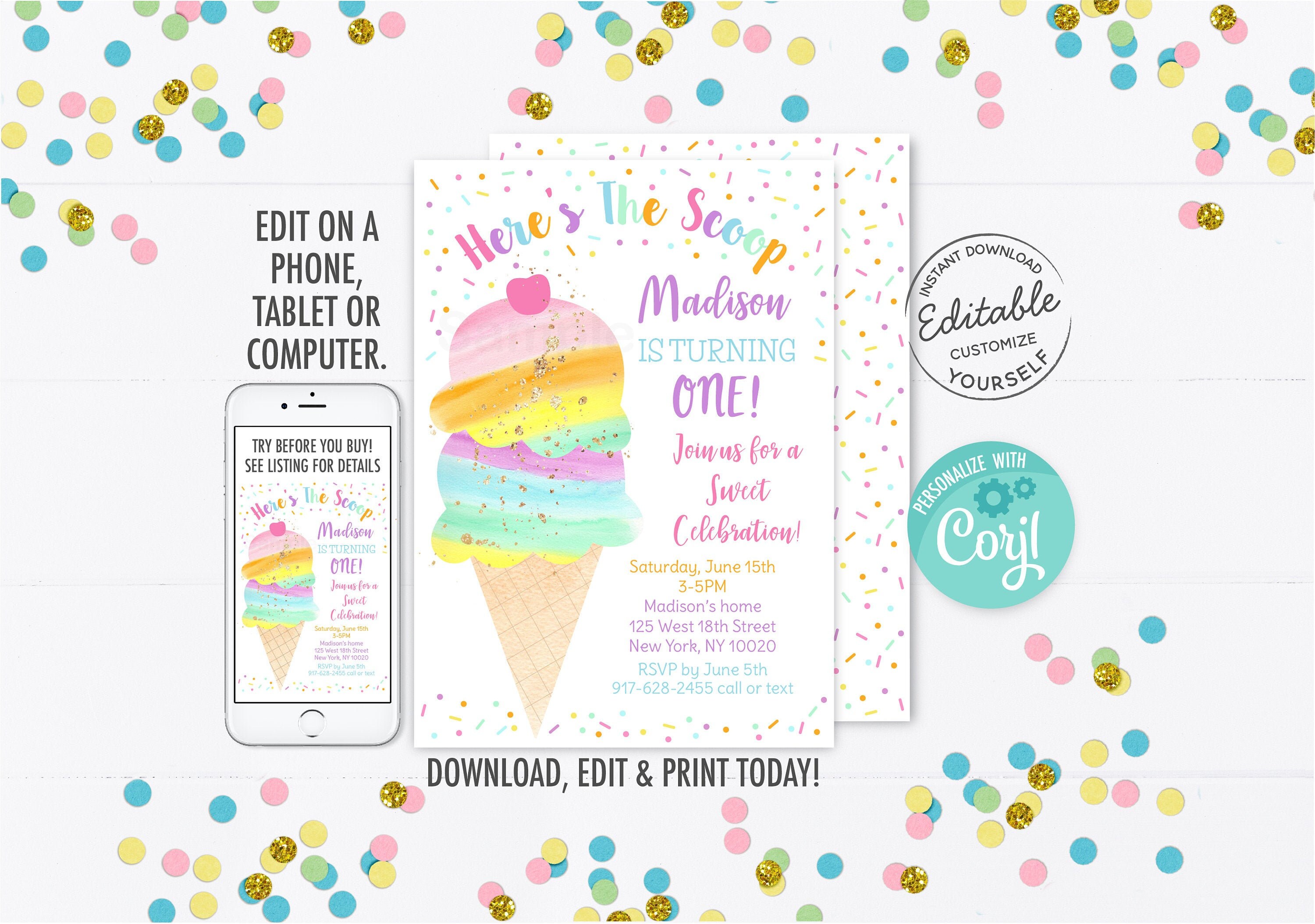 EDITABLE Here's the Scoop Birthday Invitation Ice Cream - Etsy