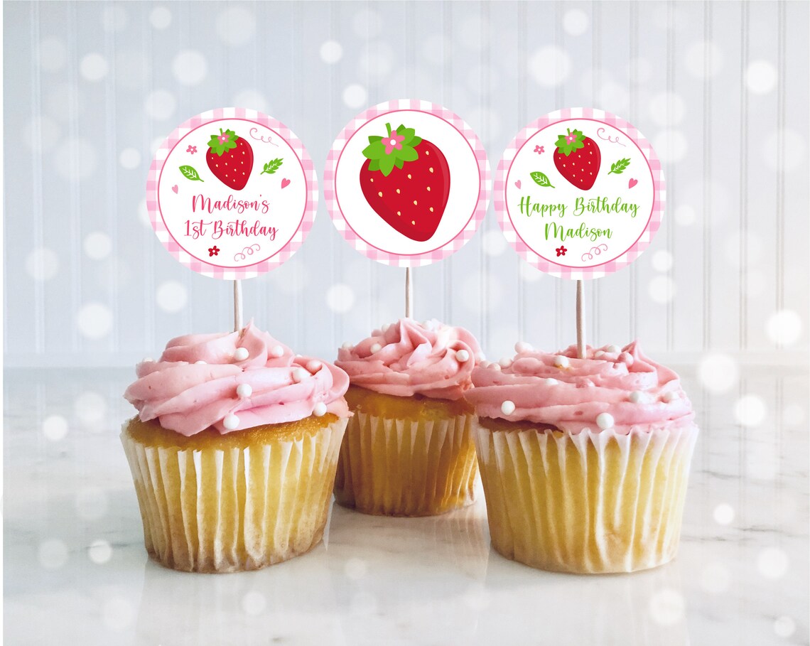Editable Strawberry Cupcake Topper Strawberry First Birthday - Etsy