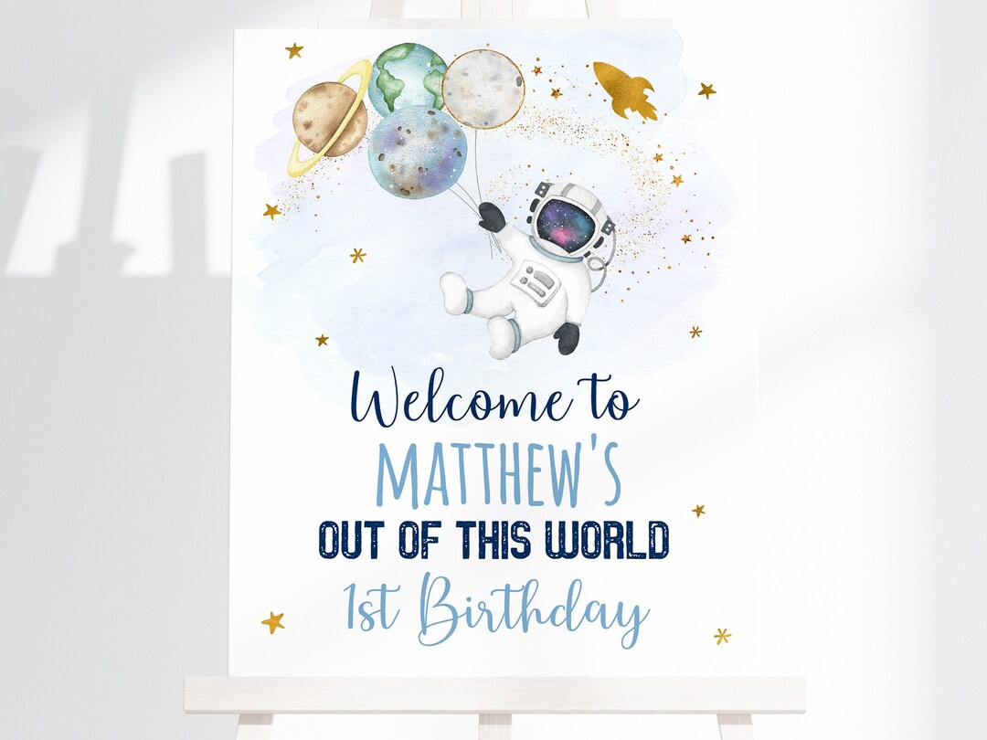 Editable Space Birthday Welcome Sign Blue Gold Galaxy - Etsy