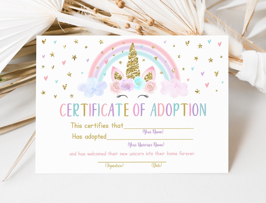 Unicorn Certificate of Adoption Adopt A Unicorn Rainbow Unicorn Party ...