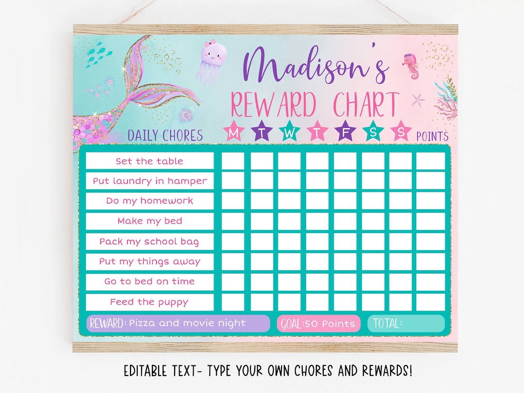 Editable Mermaid Reward Chart Mermaid Behavior Chart Girls Reward Chart Mermaid Chore Chart Pink ...