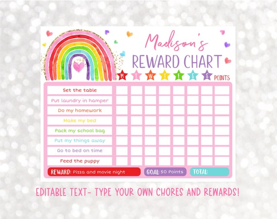Editable Rainbow Reward Chart, Rainbow Behavior Chart, Pink & Gold ...