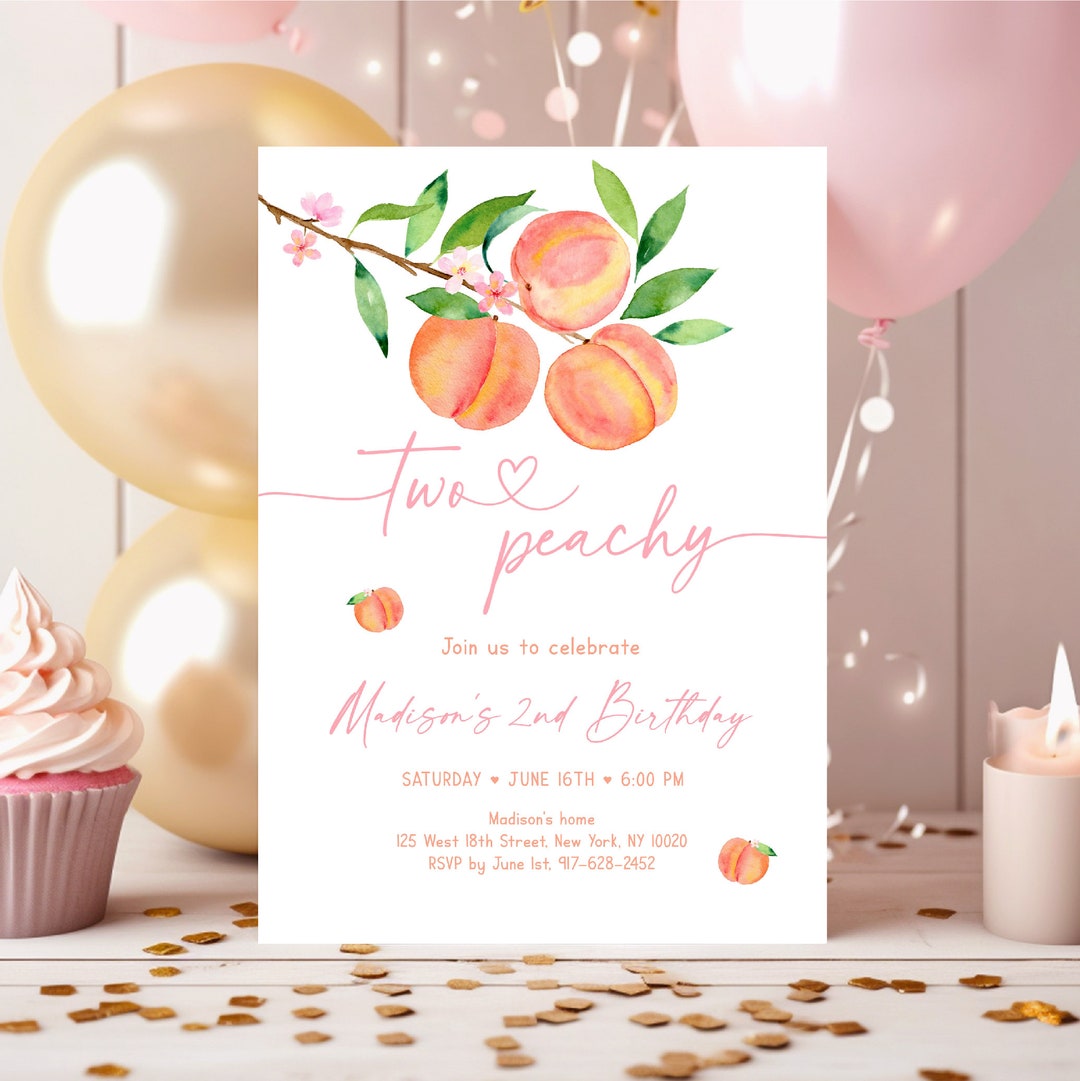 Editable Two Peachy Birthday Invitation Peach Birthday Invite Peach Blossom Watercolor Peach ...