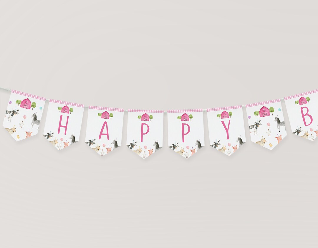 Editable Pink Farm Birthday Banner Girl Farm Party Barnyard Birthday ...