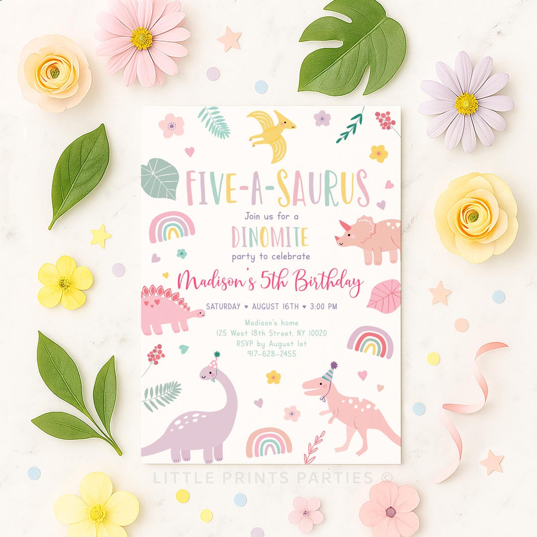 Editable Five-a-saurus Birthday Invitation, Pastel Dinosaur 5th ...
