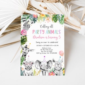 Editable Party Animals Birthday Invitation Girl Pink Gold Tropical ...