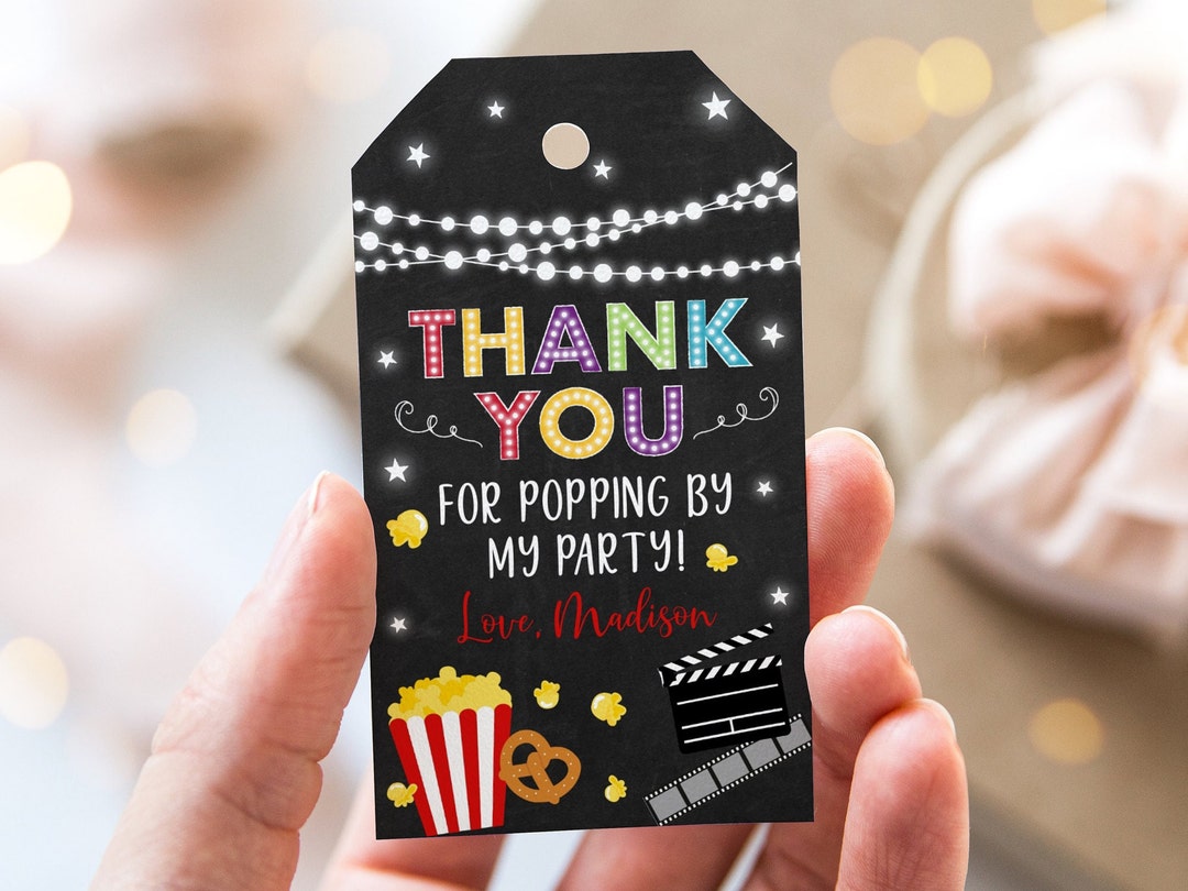 Editable Movie Night Birthday Thank You Tags Favor Tags Movie Under the ...