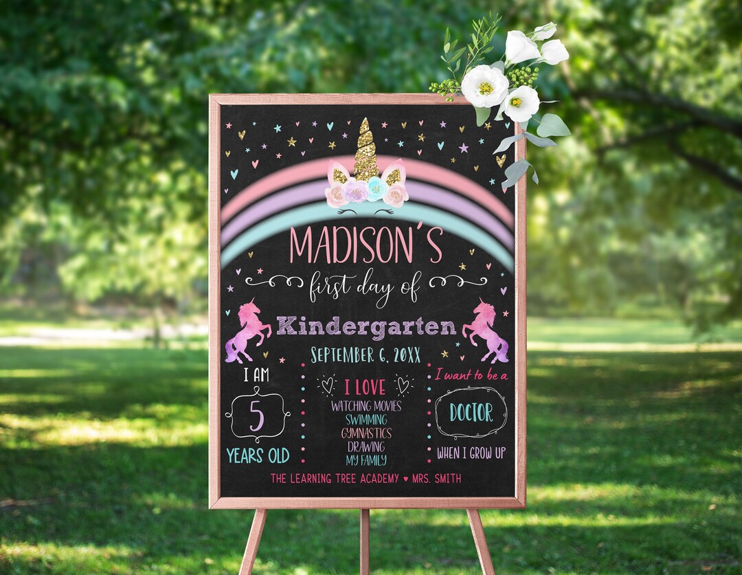 Editable Unicorn First Day of Kindergarten Sign First Day of School ...