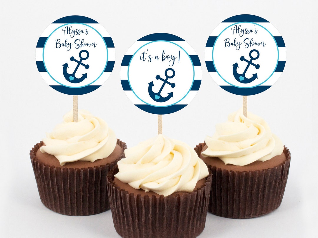 Editable Nautical Cupcake Toppers Nautical Baby Shower Anchor Navy ...